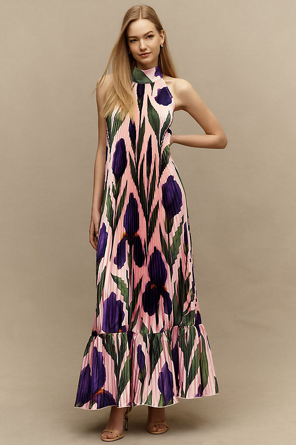 ANTHROPOLOGIE l'idee Ares Pleated Floral Maxi Gown